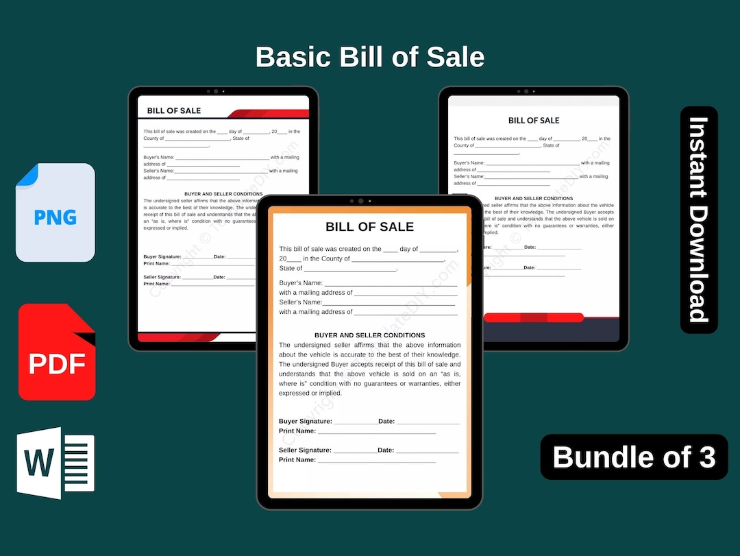 Basic Bill of Sale Blank Printable Form Template in PDF & Word - Etsy