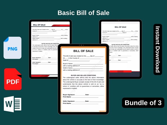 Basic Bill of Sale Blank Printable Form Template in PDF & Word - Etsy