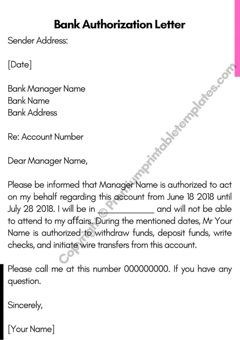 Bank Authorization Letter Template pack of 5 - Etsy Singapore