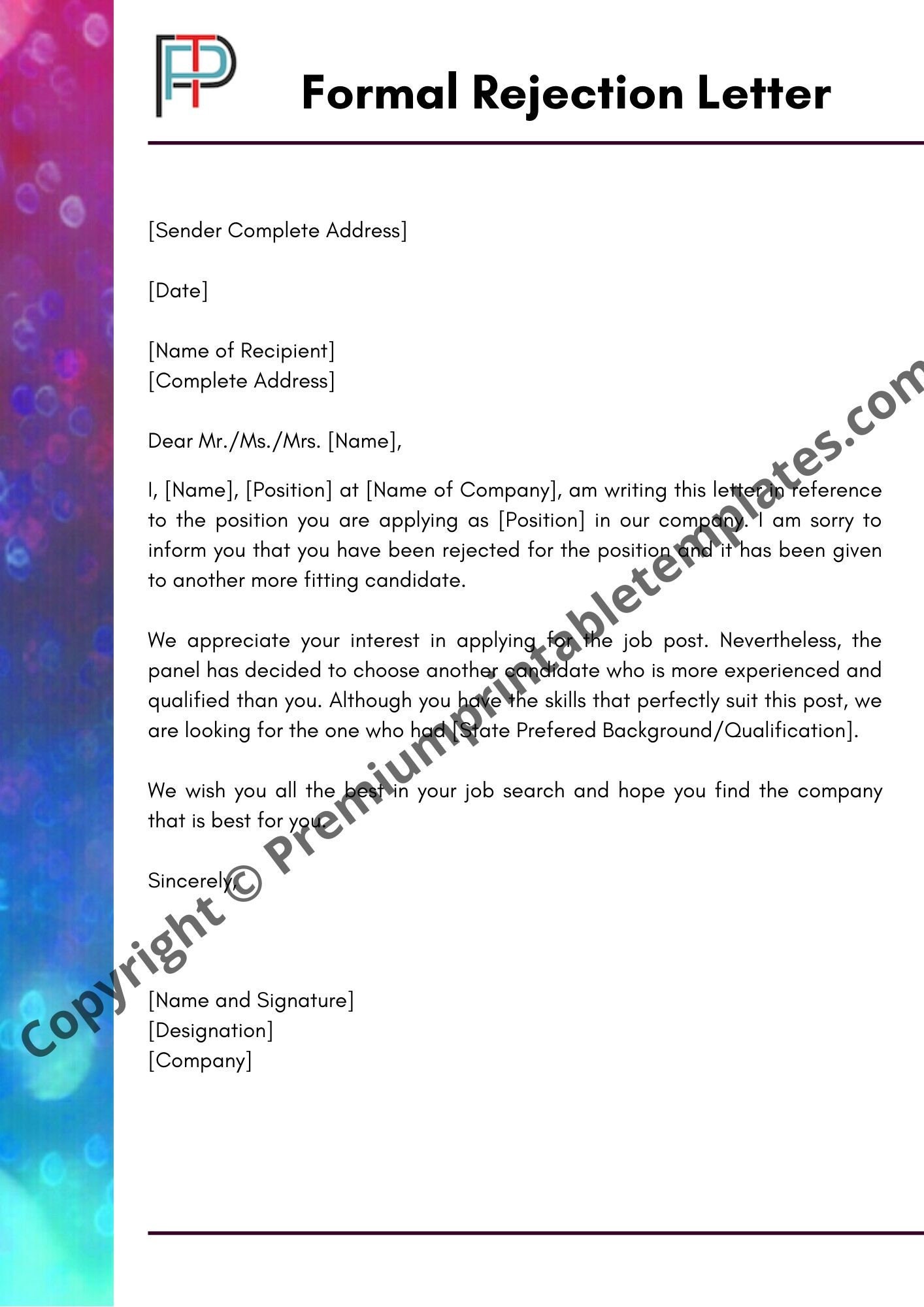 Formal Rejection Letter Rejection Letter Templates Editable - Etsy