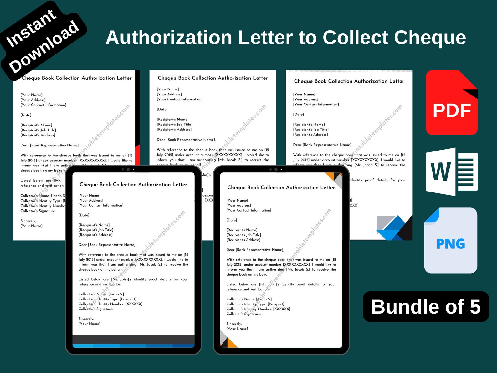 Printable Authorization Letter to Collect Cheque Bookpack of 5 - Etsy