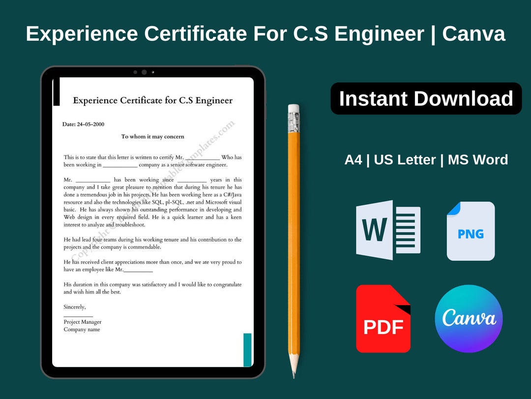 Printable Experience Certificate for C.S Engineer in PDF Word Canva ...