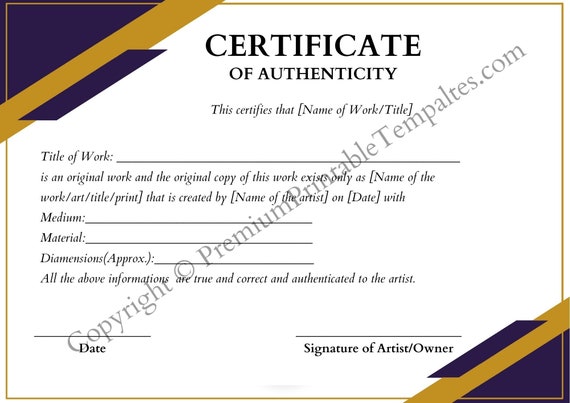 Printable Certificate of Authenticity in PDF and Word | Etsy
