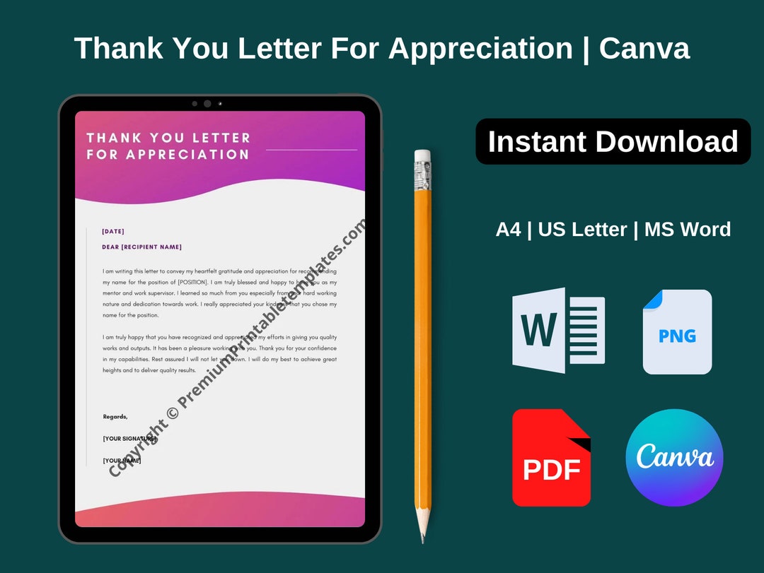 Thank You Letter for Appreciation Editable PDF Canva - Etsy
