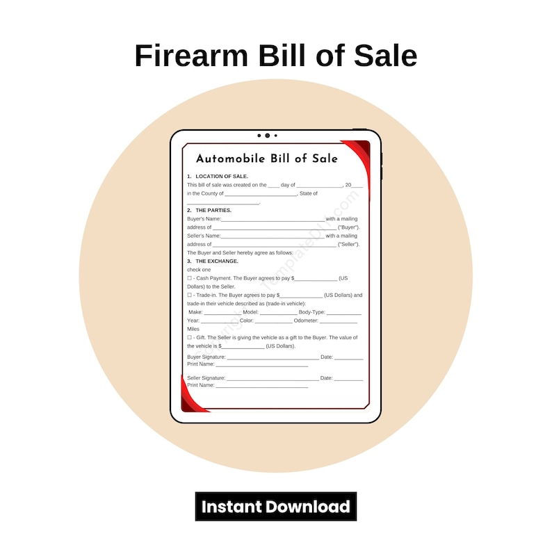 Firearm Bill of Sale Blank Printable Form Template in PDF & - Etsy