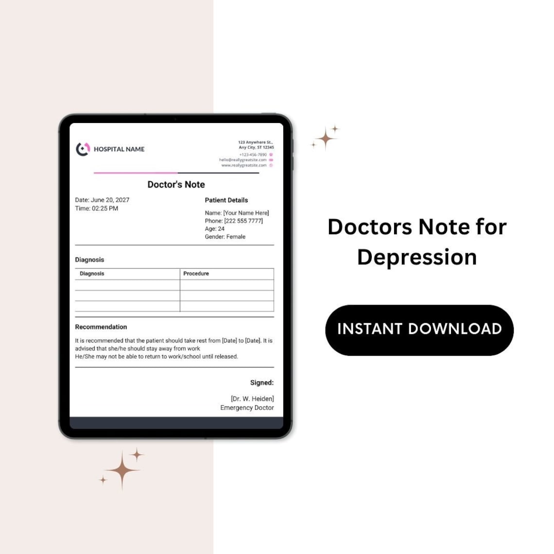 Doctors Note for Depression Template Printable in PDF & Word - Etsy