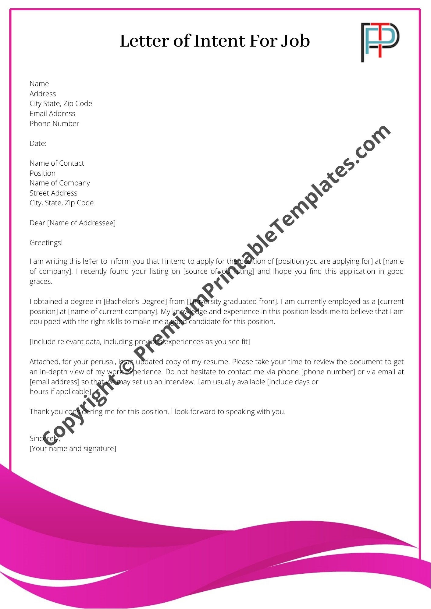Letter of Intent for a Job Editable Template pack of 5 - Etsy
