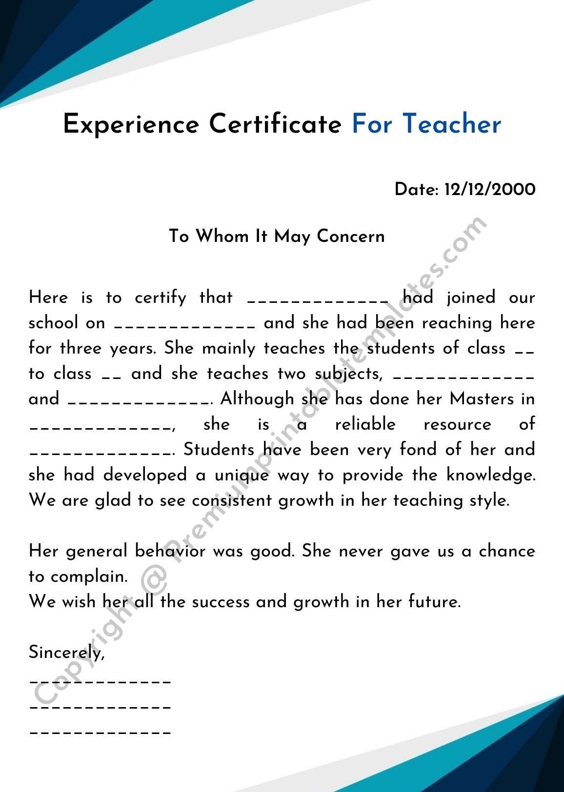 Buy Experience Certificate for Teacher PDF and Editable Word pack of 5 Online in India - Etsy