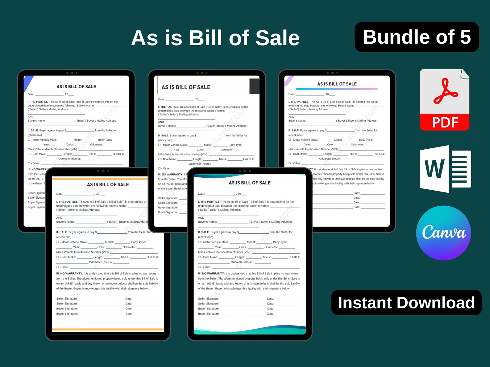 As is Bill of Sale Form Template Blank Printable in PDF & Word - Etsy