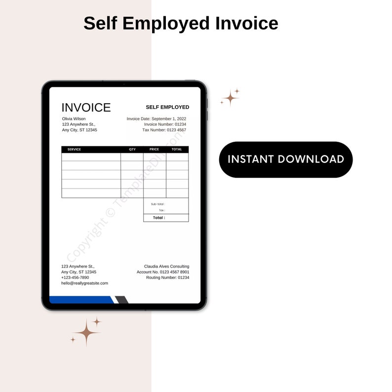 Self Employed Invoice Template Printable Blank in PDF Excel - Etsy