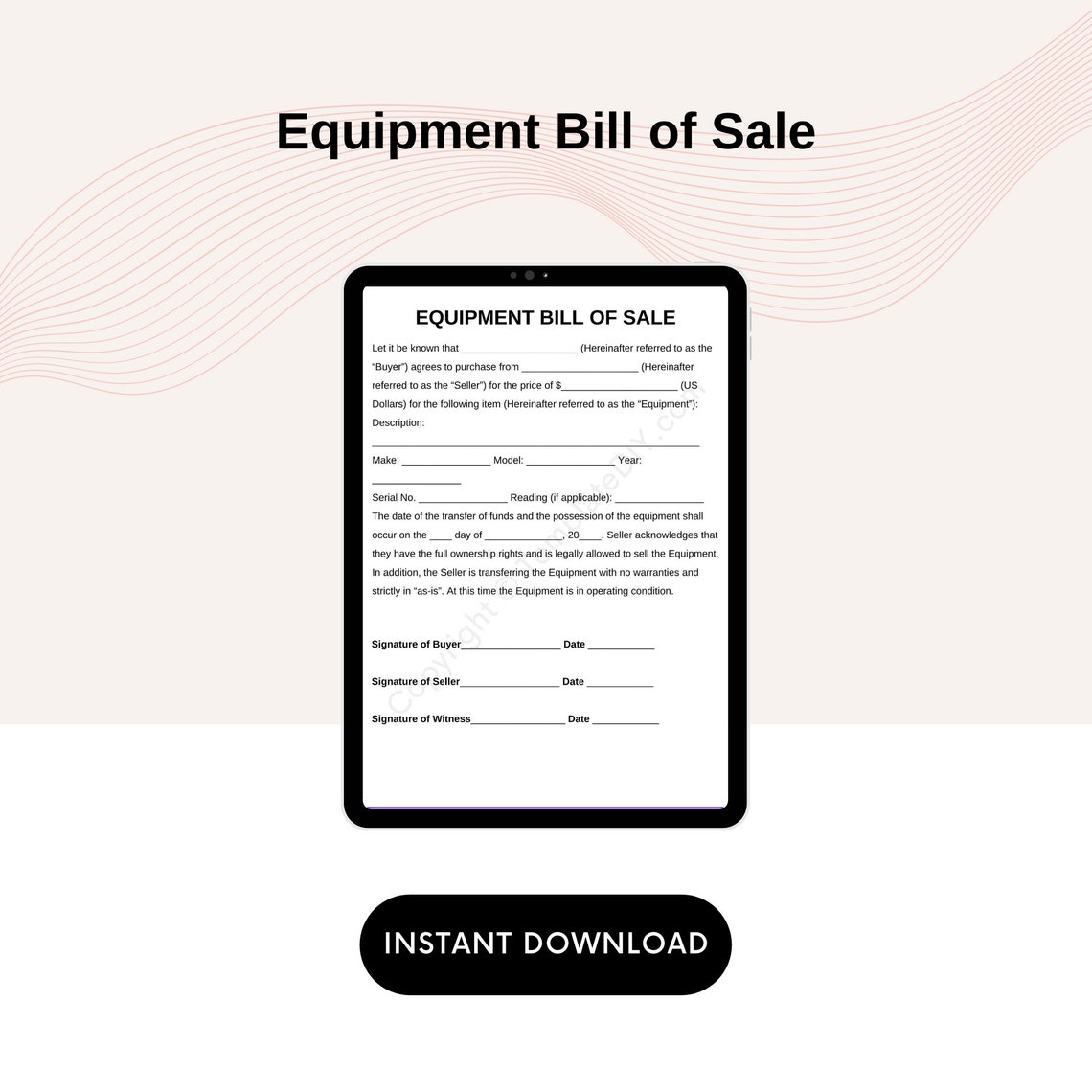 Equipment Bill of Sale Blank Printable Form Template in PDF & - Etsy