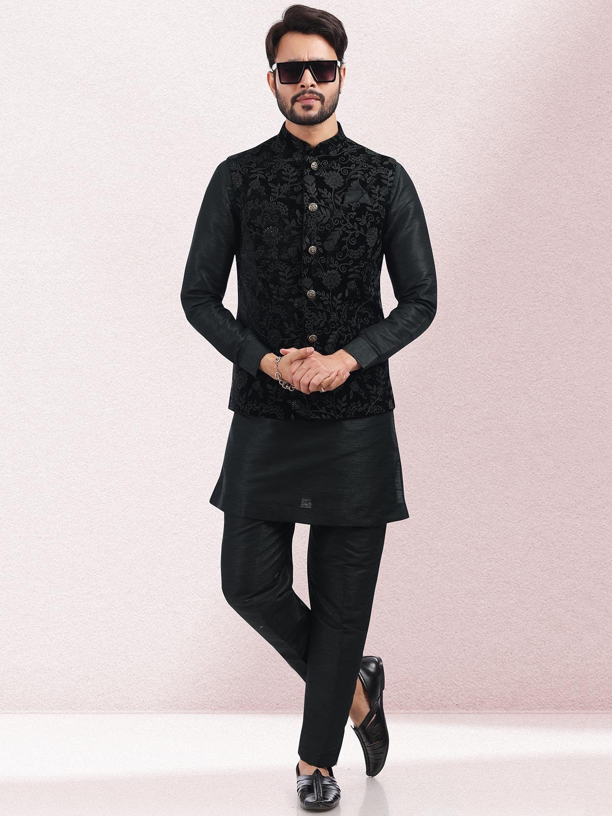 Black Kurta Pajama With Jacket