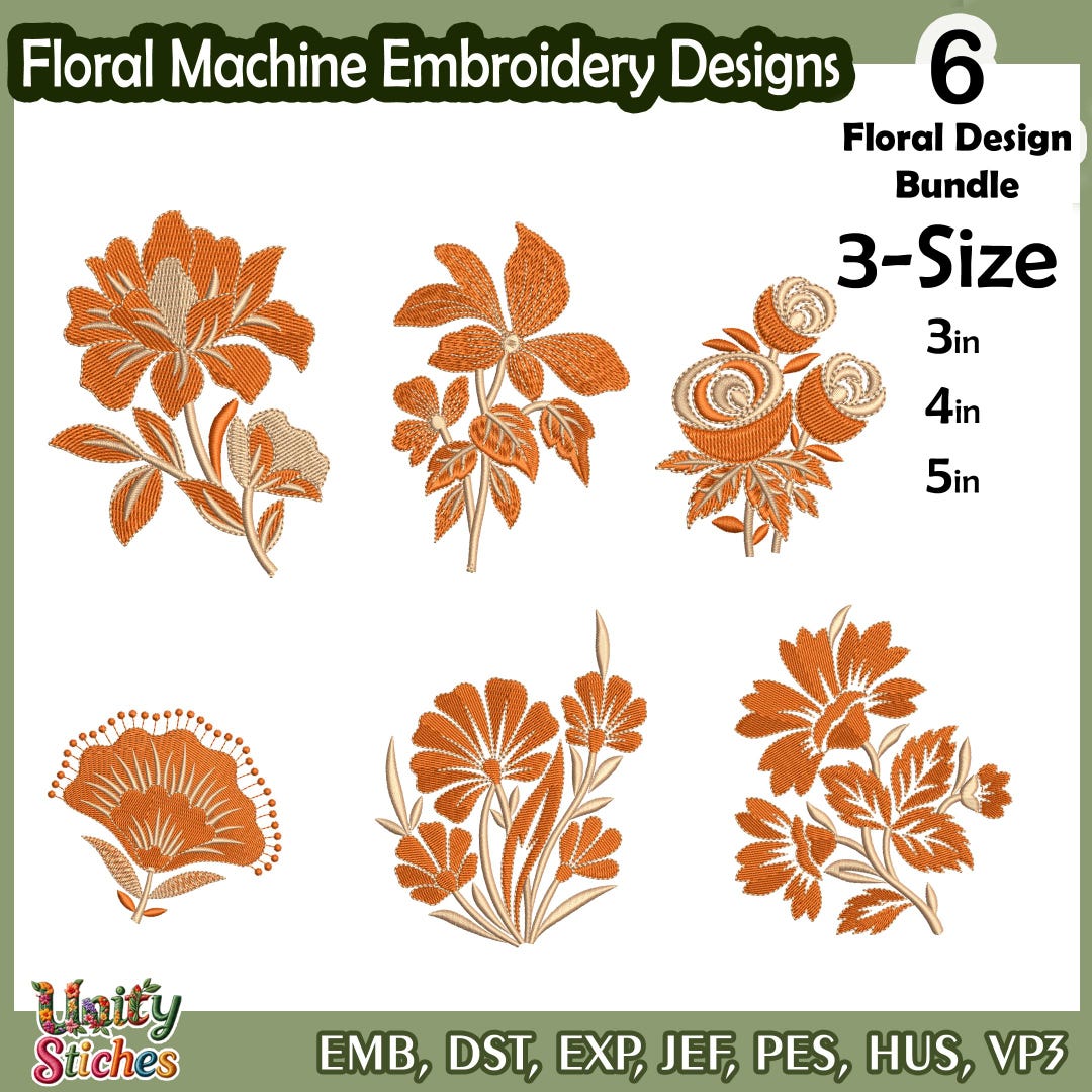 6 Unique Monochromatic Floral Machine Embroidery Designs Bundle – 3 ...