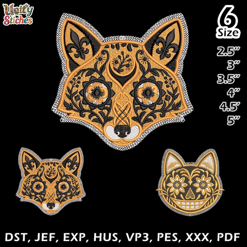 Floral Fox Sugar Skull Cat Embroidery Designs | Animal Bundle (instant ...