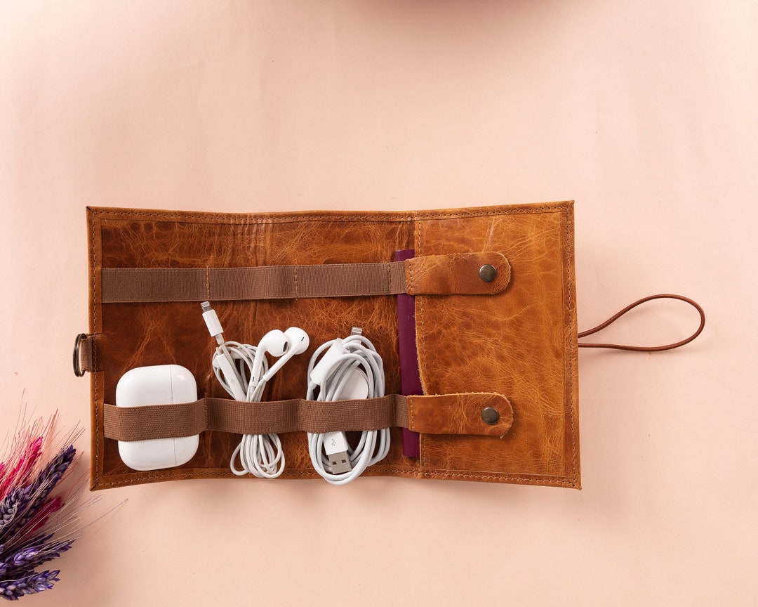 Leather Cable & Charger Organizer Bag, Personalised Cord Organizer ...