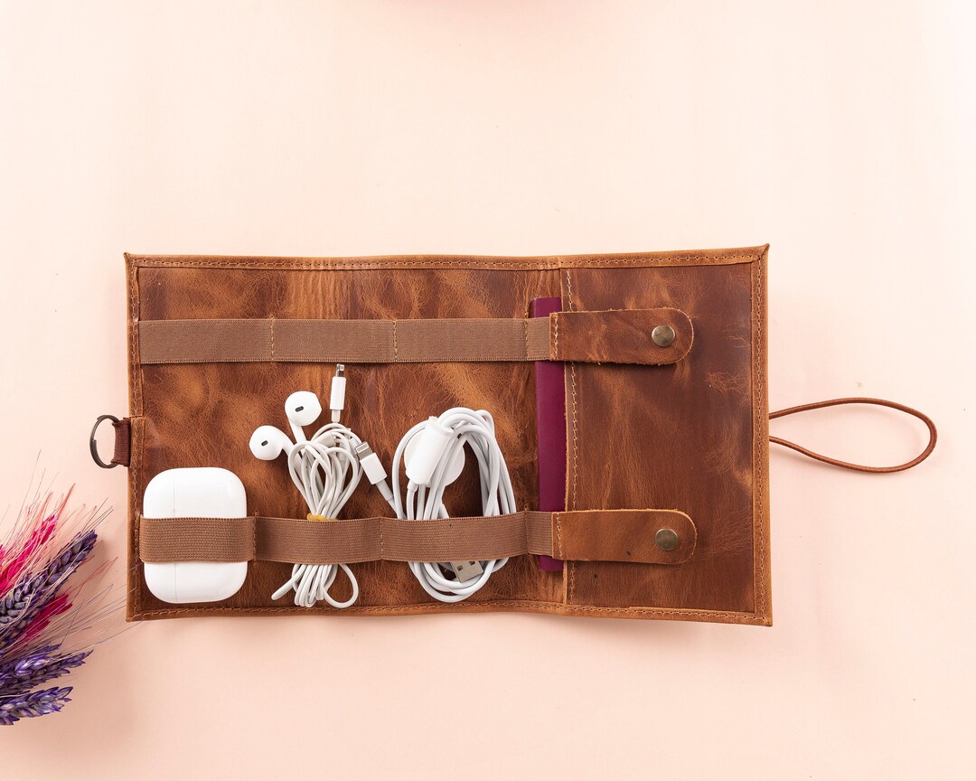 Leather Cable & Charger Organizer Bag, Personalised Cord Organizer ...