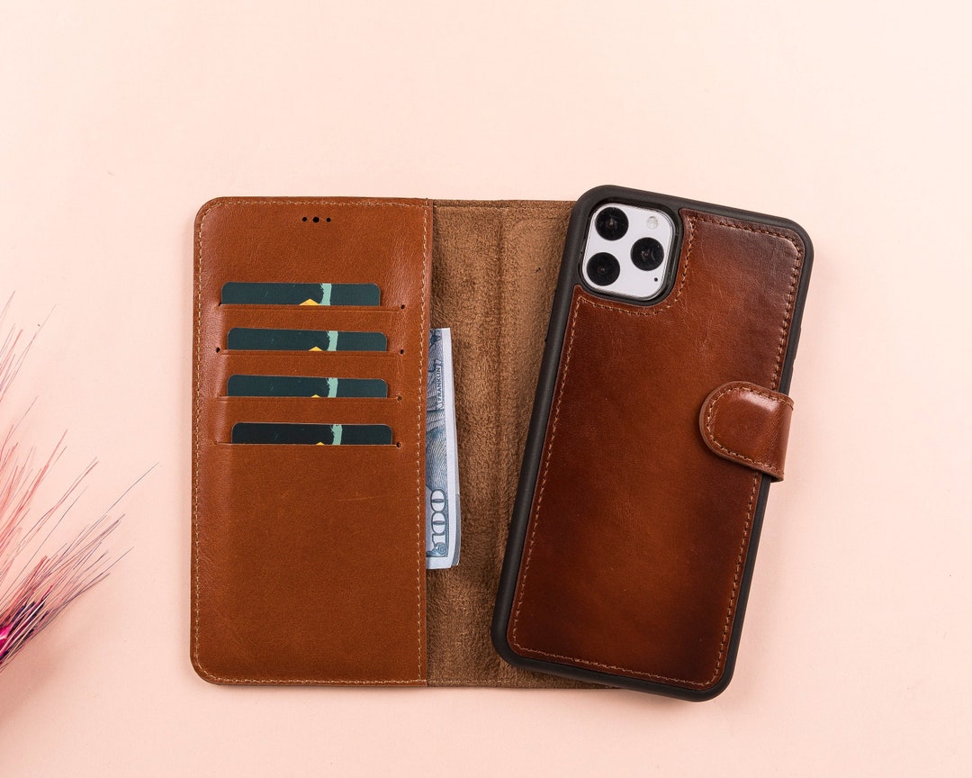 Shiny Brown Leather iPhone 12 Series Magnetic Detachable Wallet Case ...