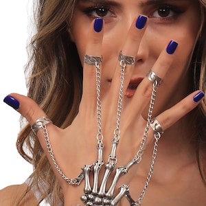 Antique Silver Gothic Skeleton Hand Ring Chain Bracelet, Skeleton Hand ...