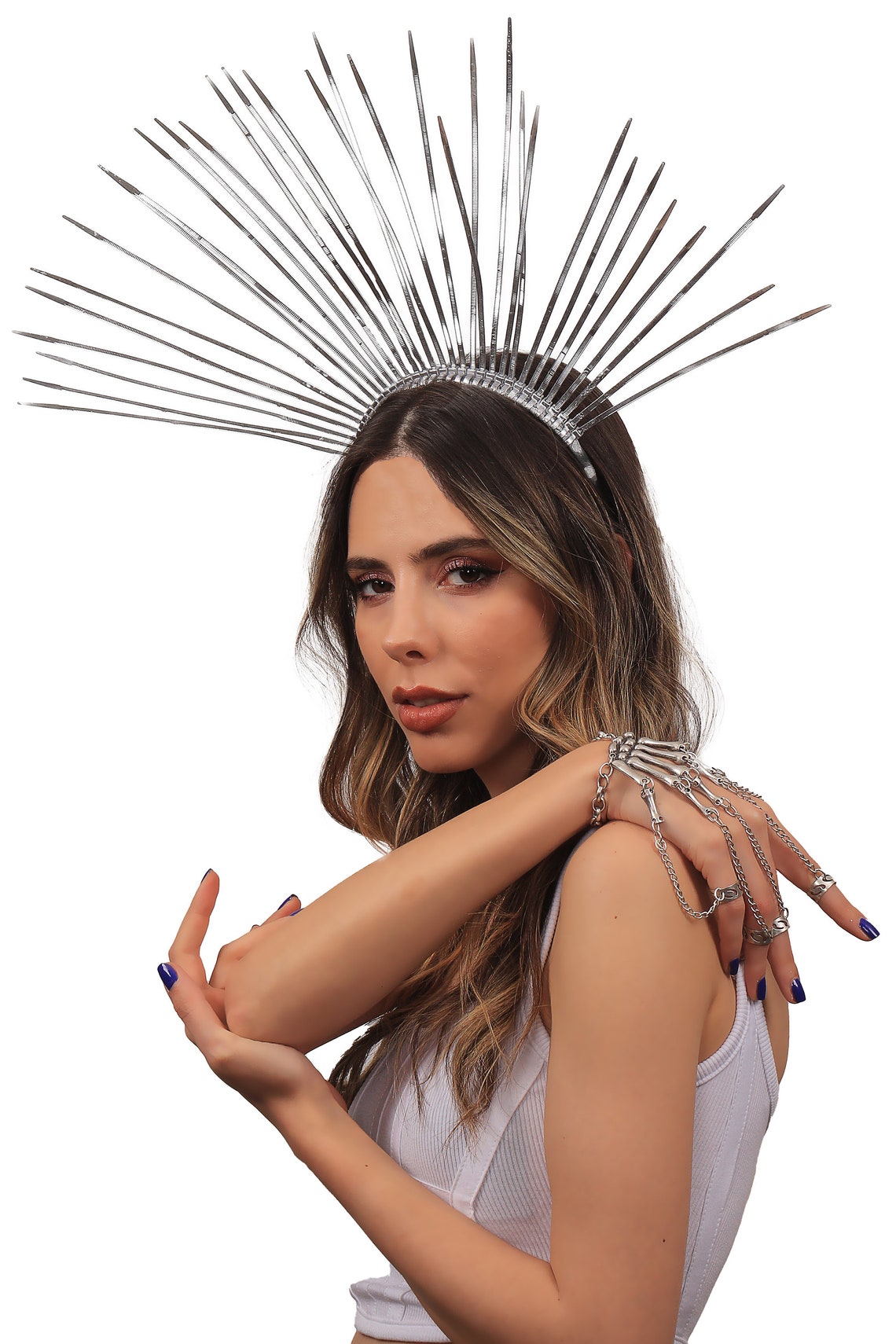 Antique Silver Gothic Skeleton Hand Ring Chain Bracelet, Skeleton Hand ...