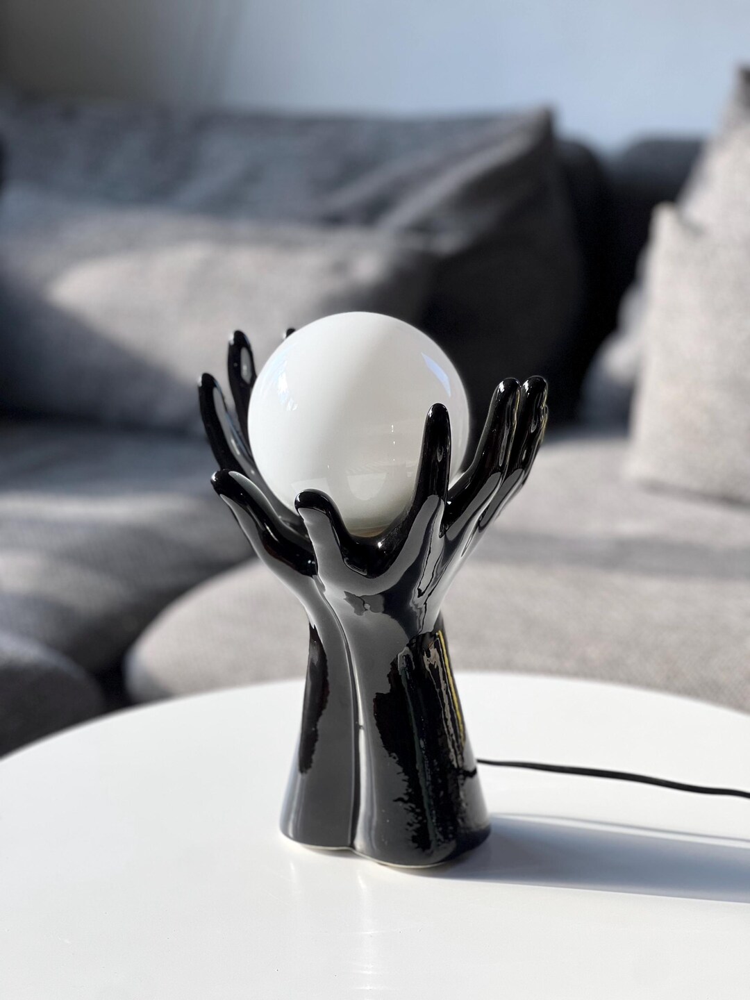 Vintage 80s Black Porcelain Hands Lamp, Black and White Lamp, Ceramic ...