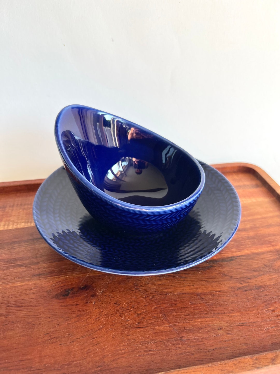 Vintage 1950s Rörstrand Blå Eld Blue Fire Bowl and Saucer Designed by Hertha Bengtson, MCM ...