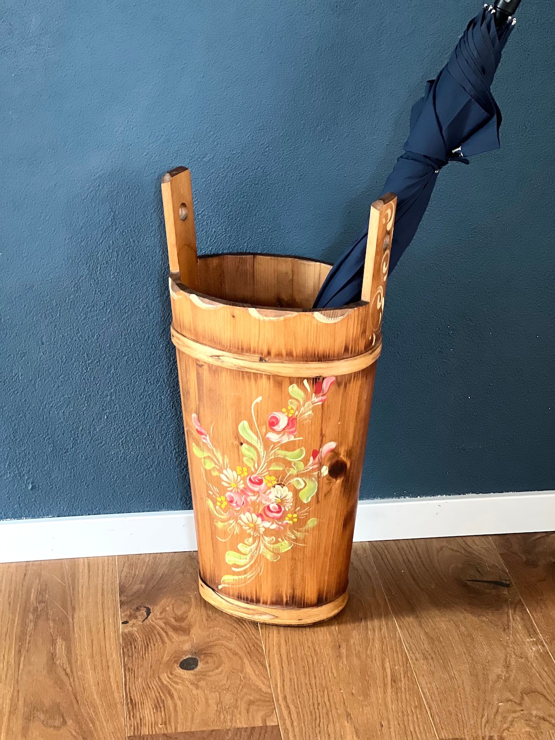 Vintage Painted Wooden Umbrella Stand, Hand Painted Umbrella Stand ...