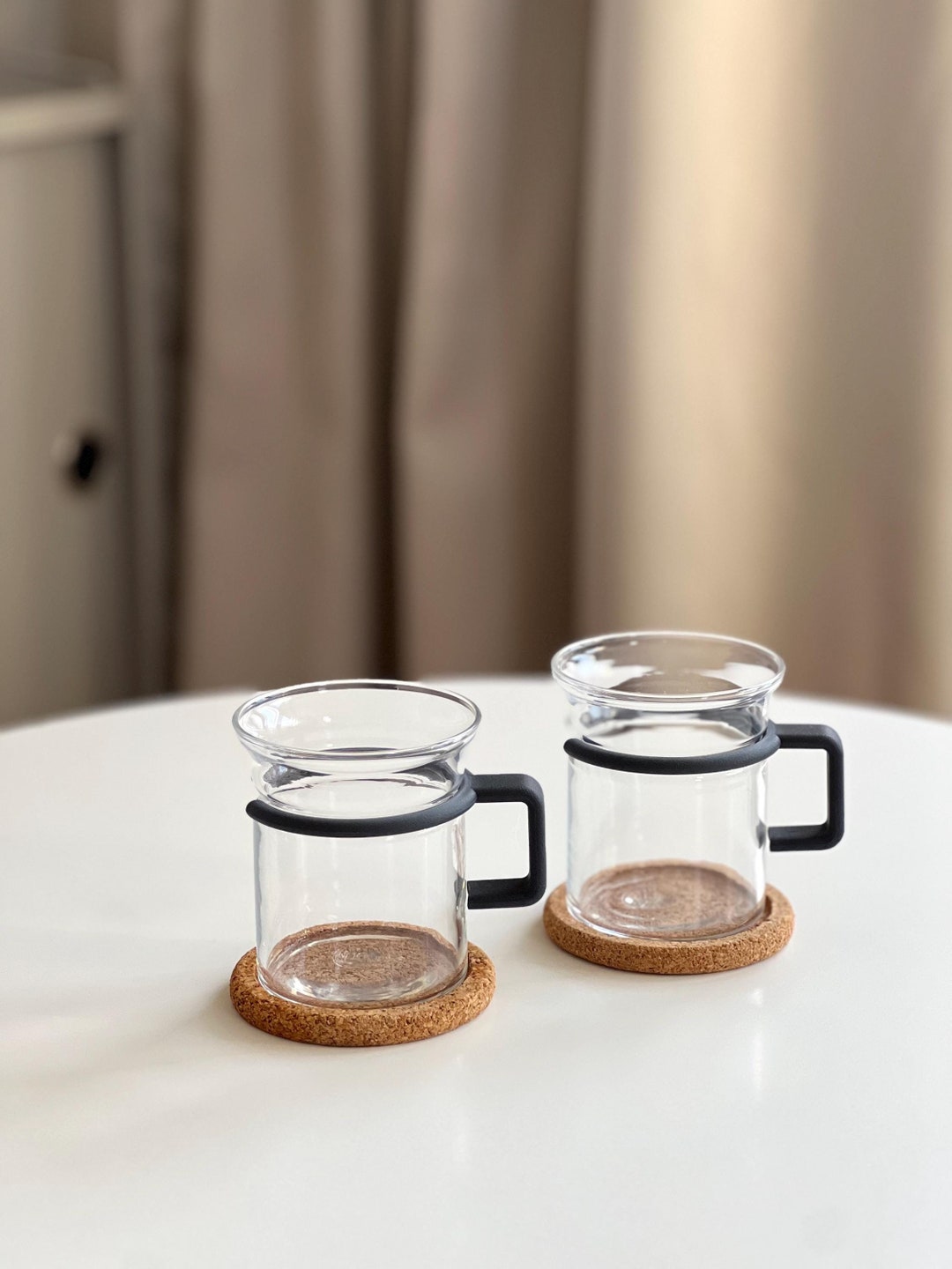 Set of 2 Vintage Dark Grey 80s Bodum Picard Glass Tea Cups and Coasters ...