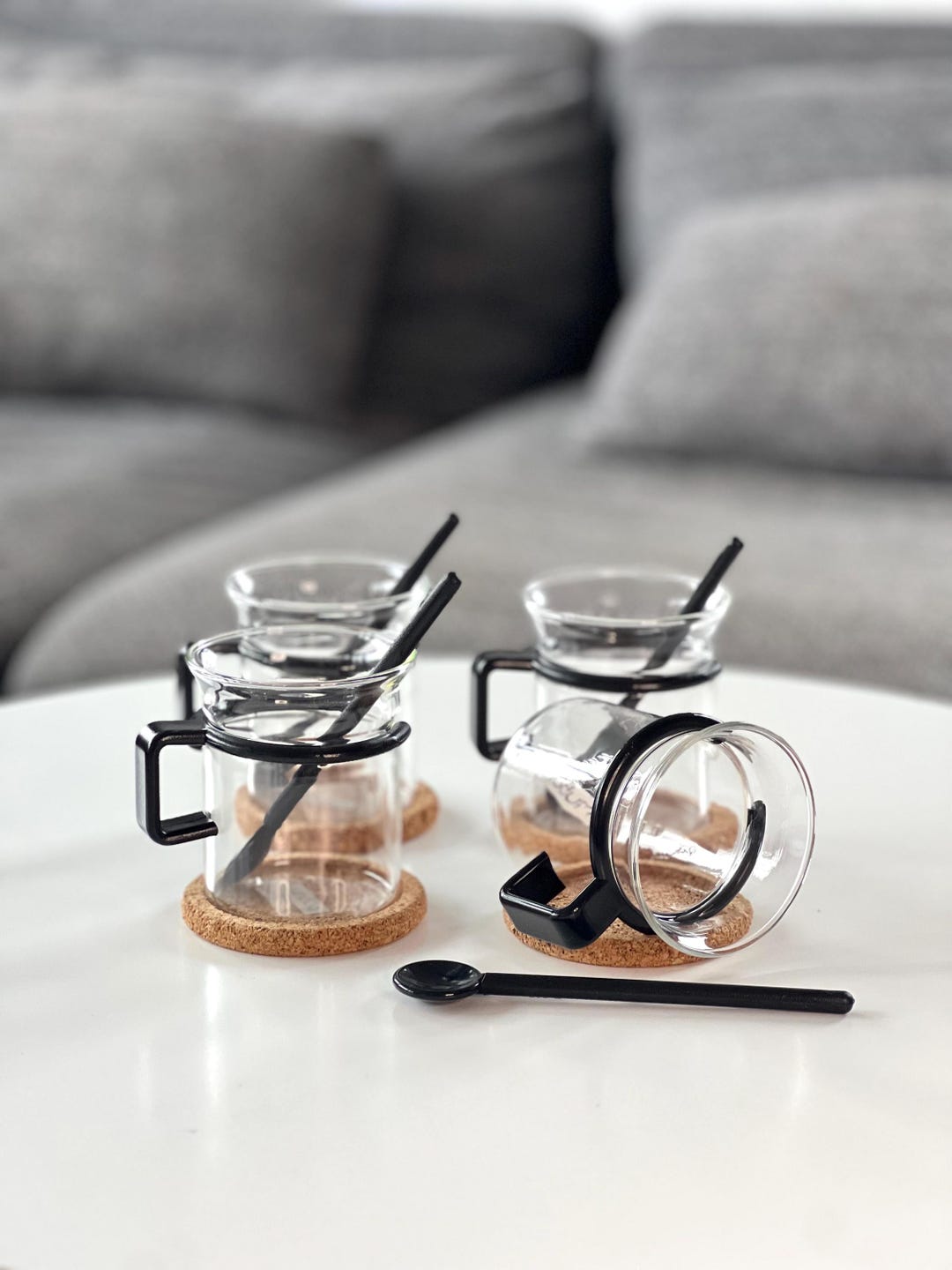 Set of 4 Vintage Black 80s Bodum Glass Tea Cups With Spoons, Black ...