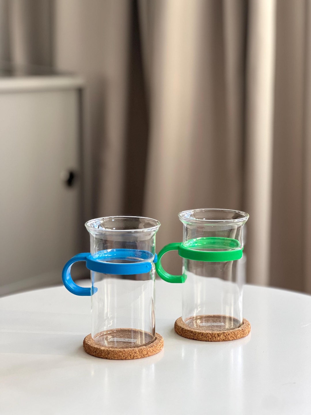 Set of 2 Vintage Green and Blue 80s Bodum Tall Bistro Glass Cups, Bodum ...