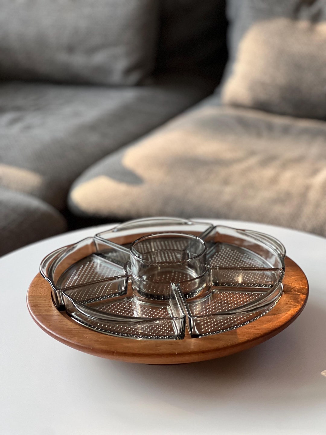 Vintage Danish Teak Lazy Susan Serving Board With Glass Snack Dishes ...