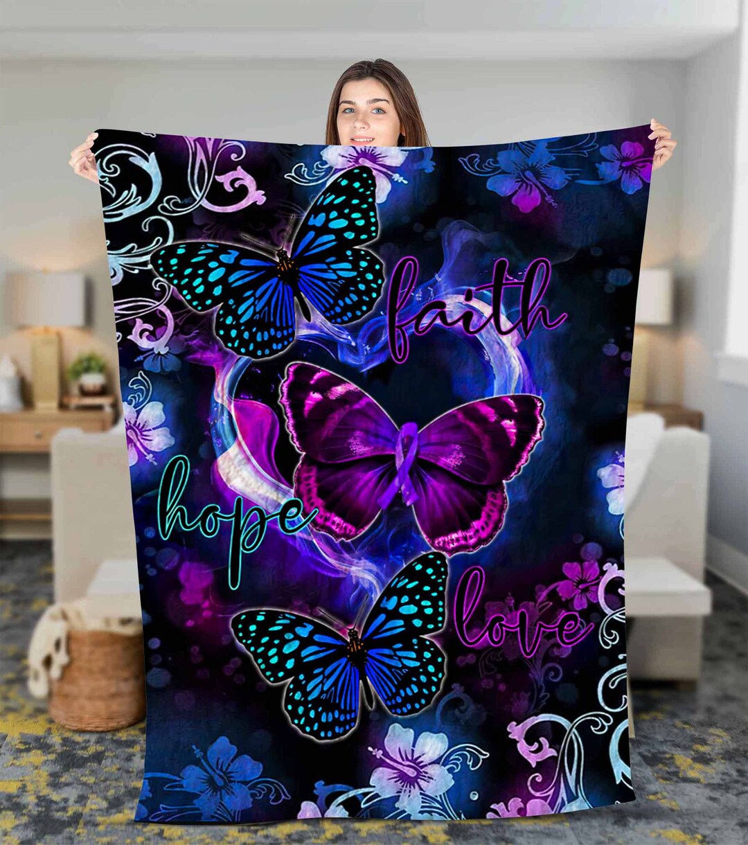 Cancer Awareness Butterfly Faith Hope Love Fleece Sherpa Blanket ...