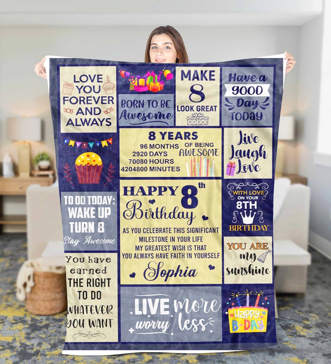 Custom 8th Birthday , Happy 8th Birthday Fleece Sherpa Blanket, Gifts ...