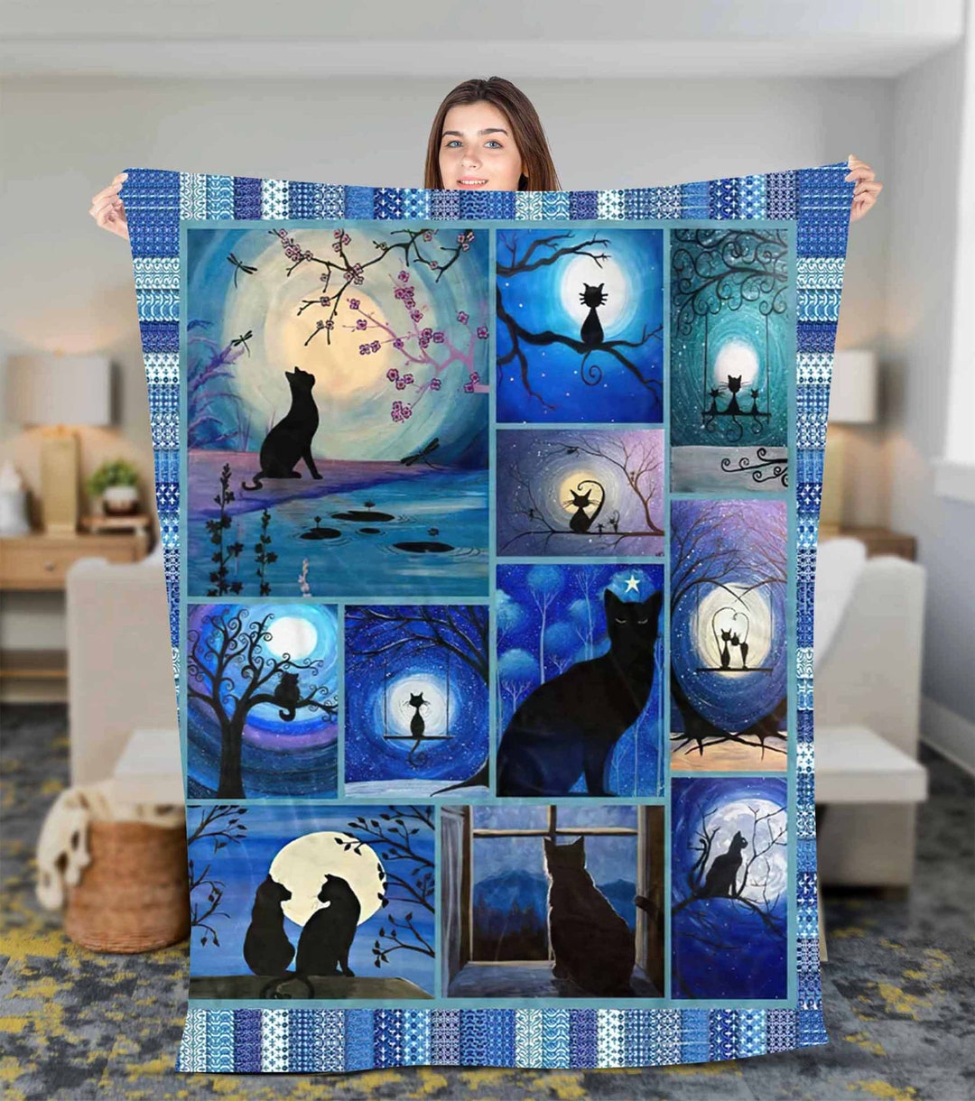 Black Cat Fleece Sherpa Blanket, Christmas Blanket Gift, Birthday Gift ...