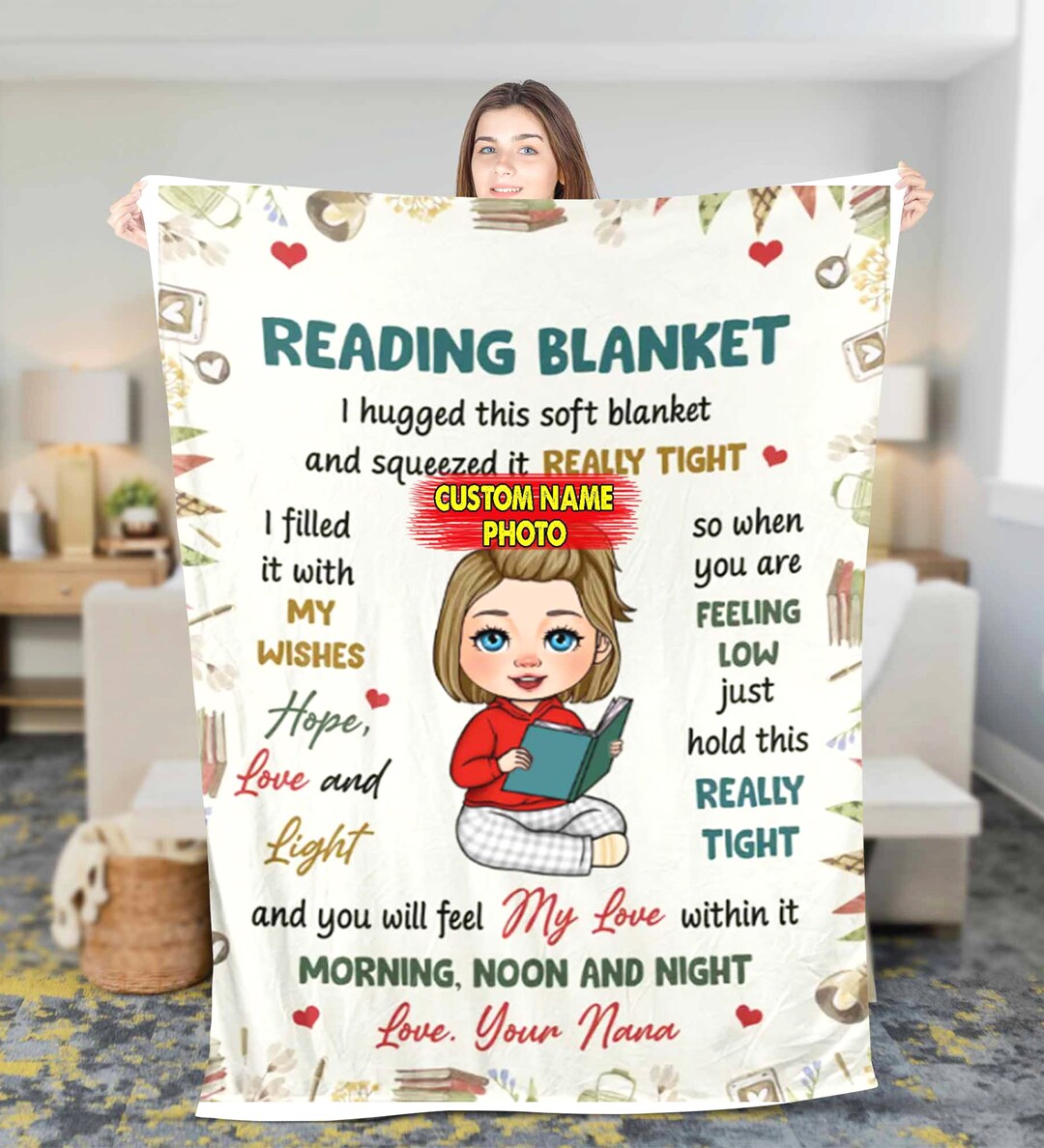 Personalized Name Photo This is My Reading Book Fleece Sherpa Blanket ...