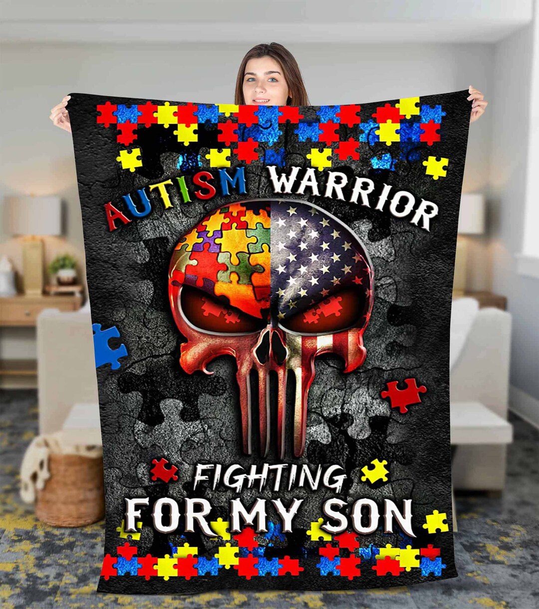 Autism Warrior Autism Awareness Color Skull to My Son Fleece Sherpa ...