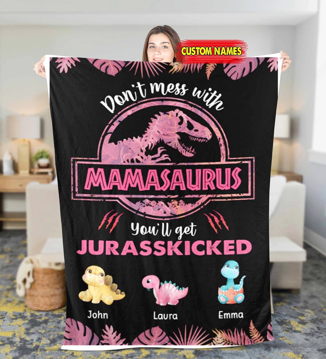 Personalized Don't Mess With Mamasaurus Fleece Sherpa Blanket, Custom ...
