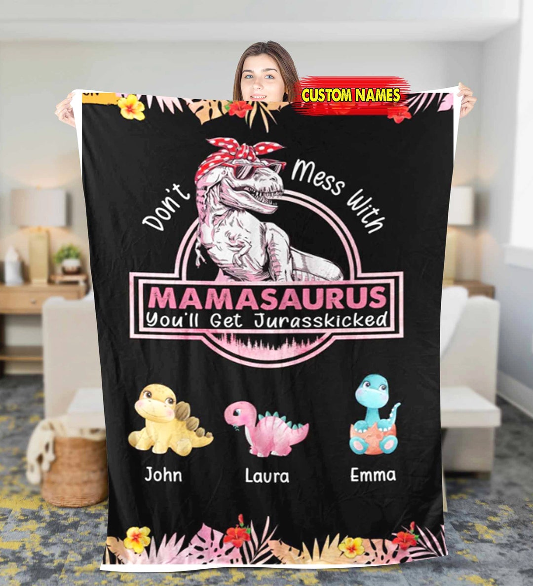 Personalized Don't Mess With Mamasaurus Fleece Sherpa Blanket, Custom ...