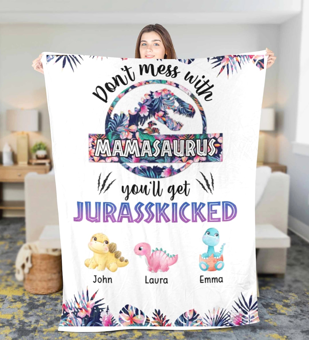 Personalized Don't Mess With Mamasaurus Fleece Sherpa Blanket, Custom ...