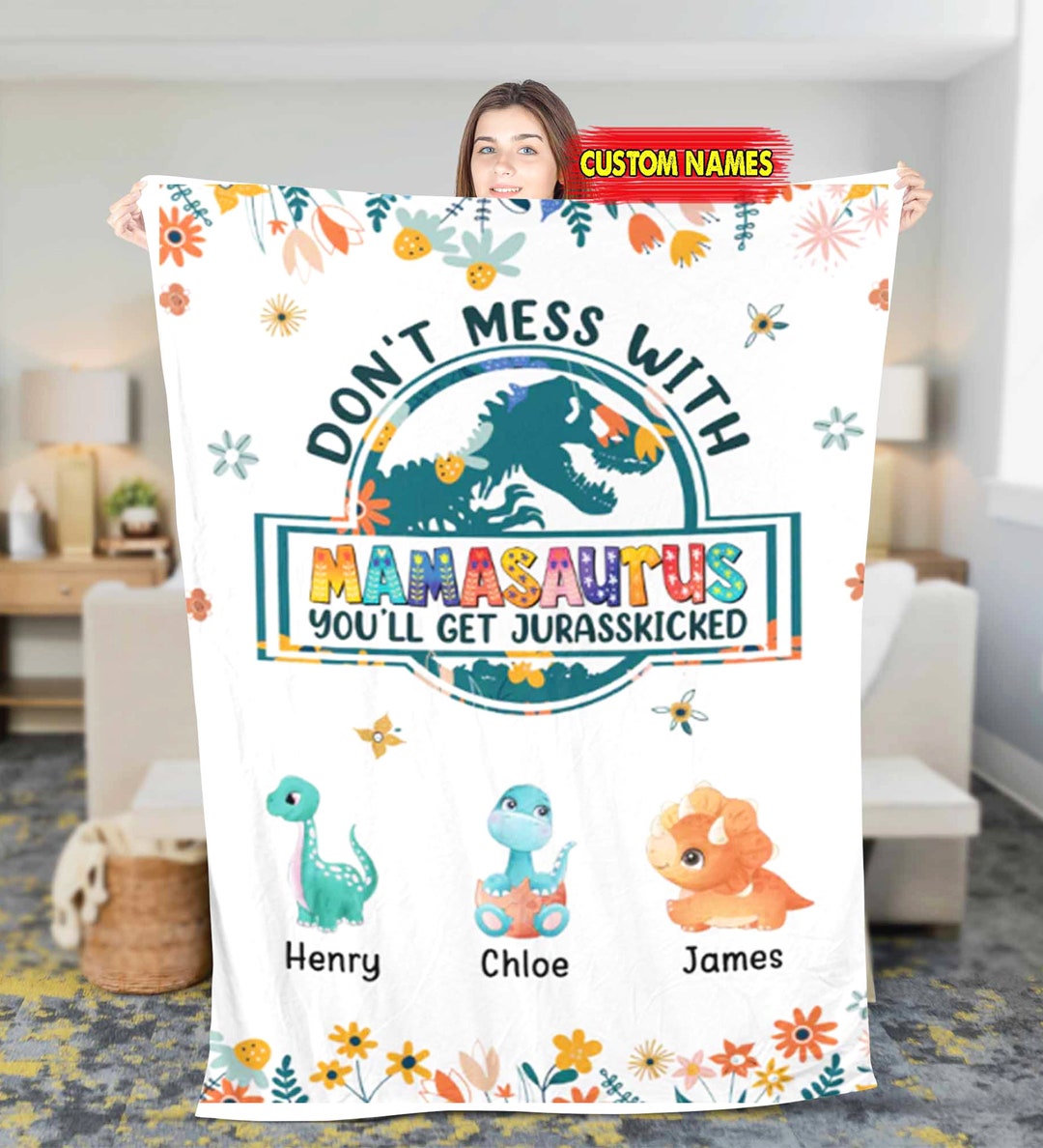 Personalized Don't Mess With Mamasaurus Fleece Sherpa Blanket, Custom ...