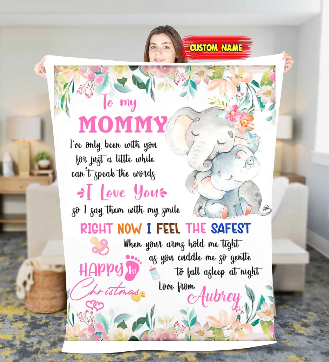 Personalized Hi Mommy Elephant Blanket Custom Name Fleece Blanket ...