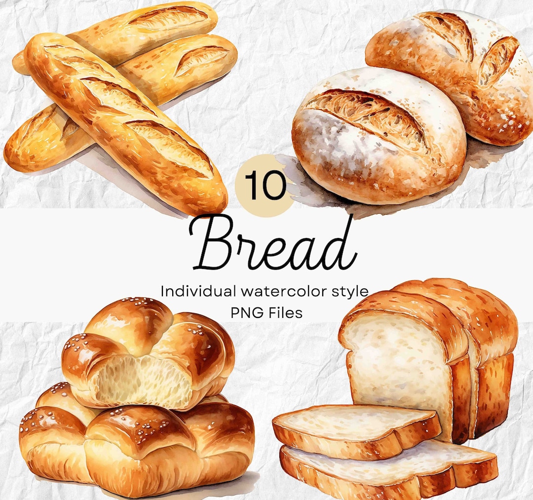 Watercolor Bread Clipart, Bakery PNG for Commercial Use POD, Baked ...