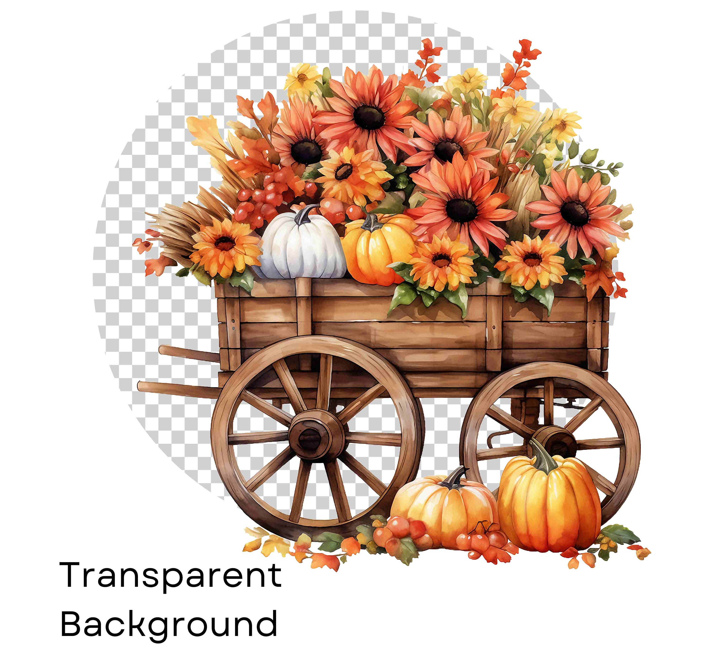 Watercolor Fall Pumpkin Wagon Clipart, Floral Cart PNG for Commercial ...