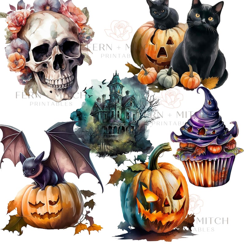 Watercolor Halloween Clipart Bundle, Fall PNG, Spooky Scrapbooking ...
