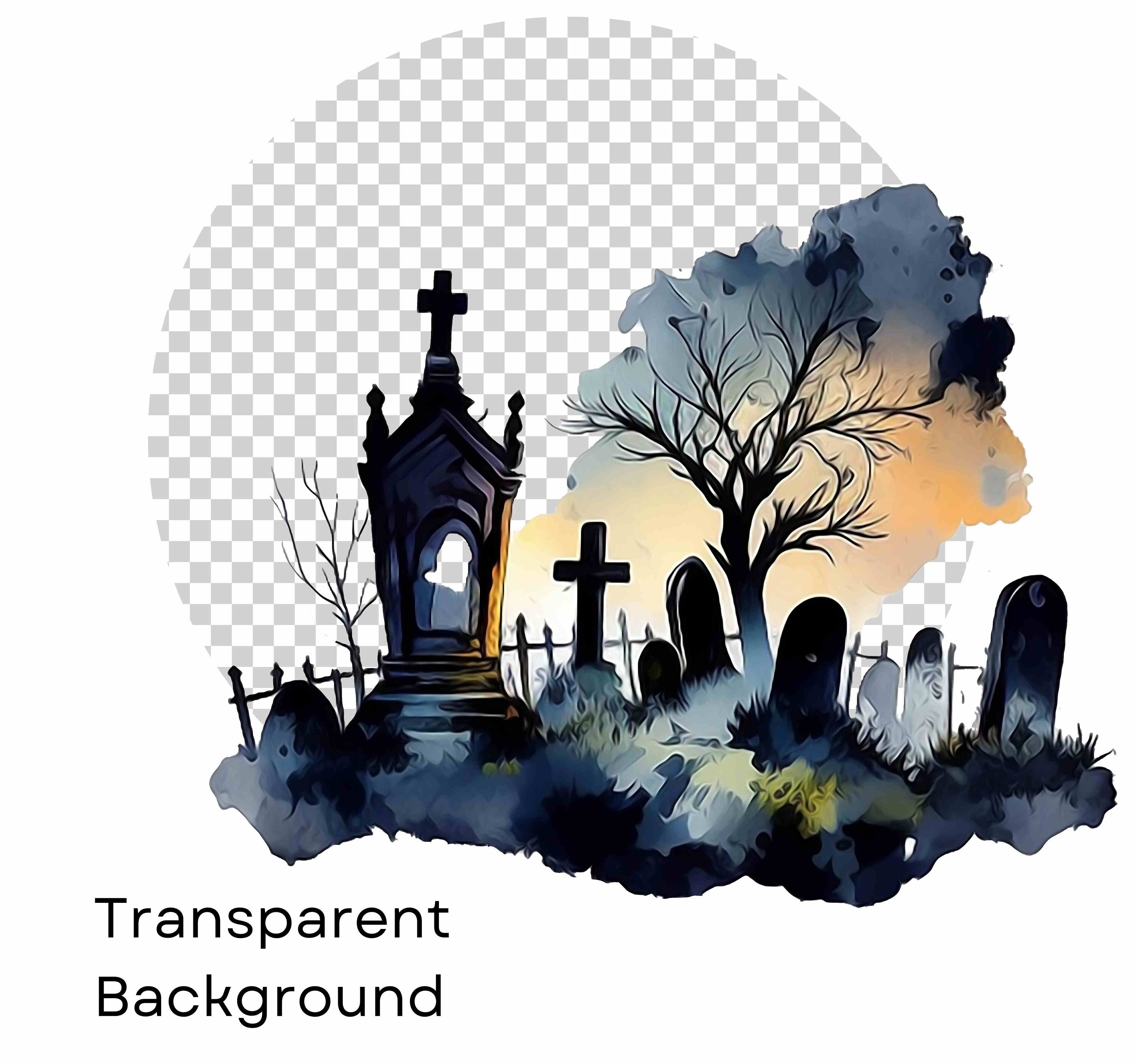 Watercolor Halloween Graveyard Clipart, Fall PNG for Commercial Use POD ...