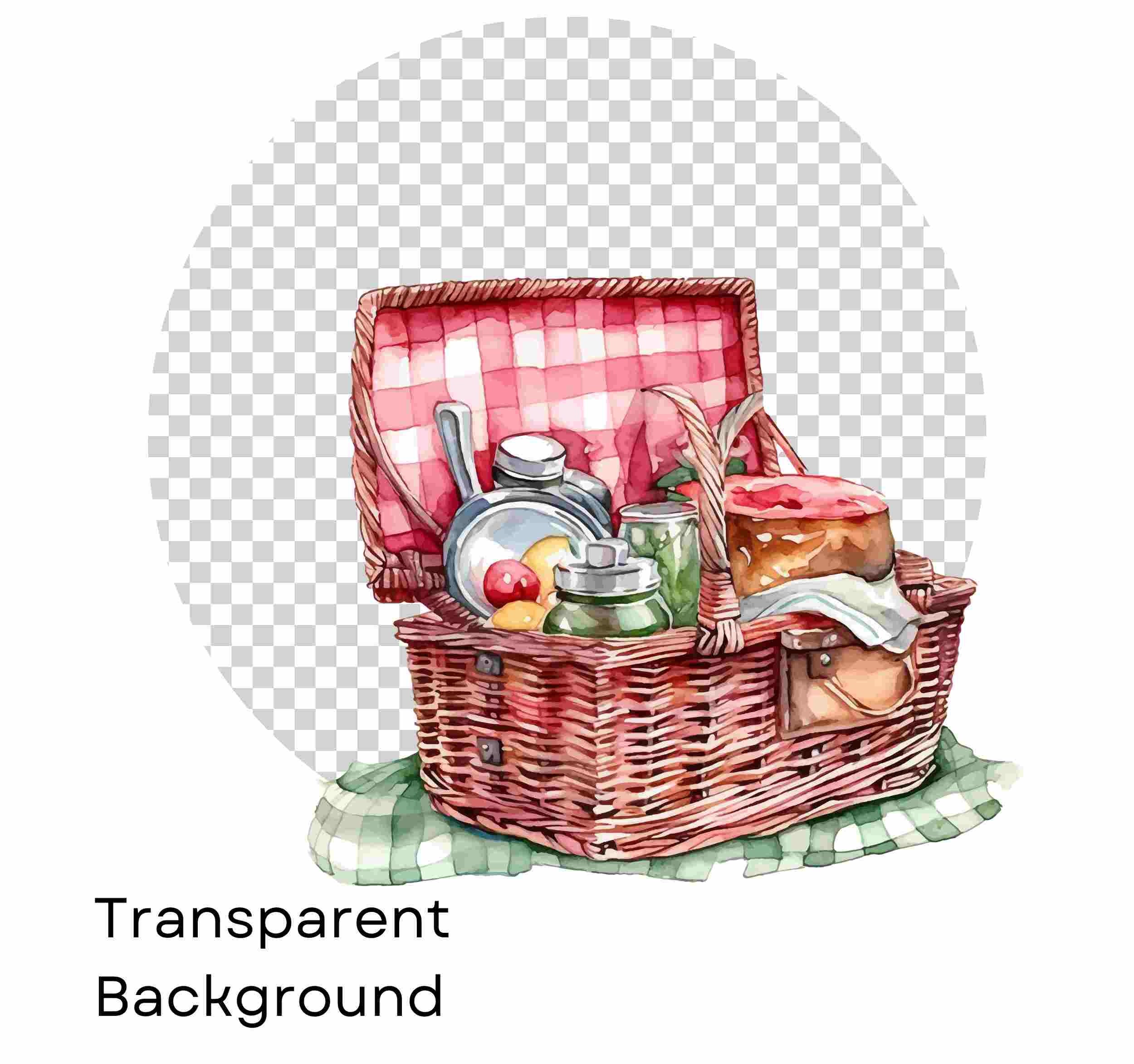 Watercolor Romantic Picnic Baskets Clipart, Cottagecore Basket PNG for ...