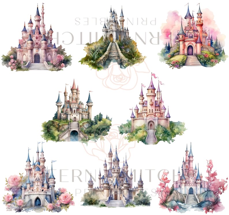 Watercolor Fantasy Castle Clipart, Princess PNG for Commercial Use POD ...