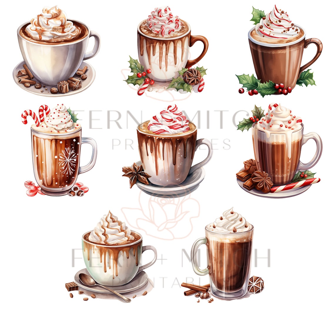 Watercolor Hot Cocoa Clipart, Hot Chocolate PNG for Commercial Use POD ...