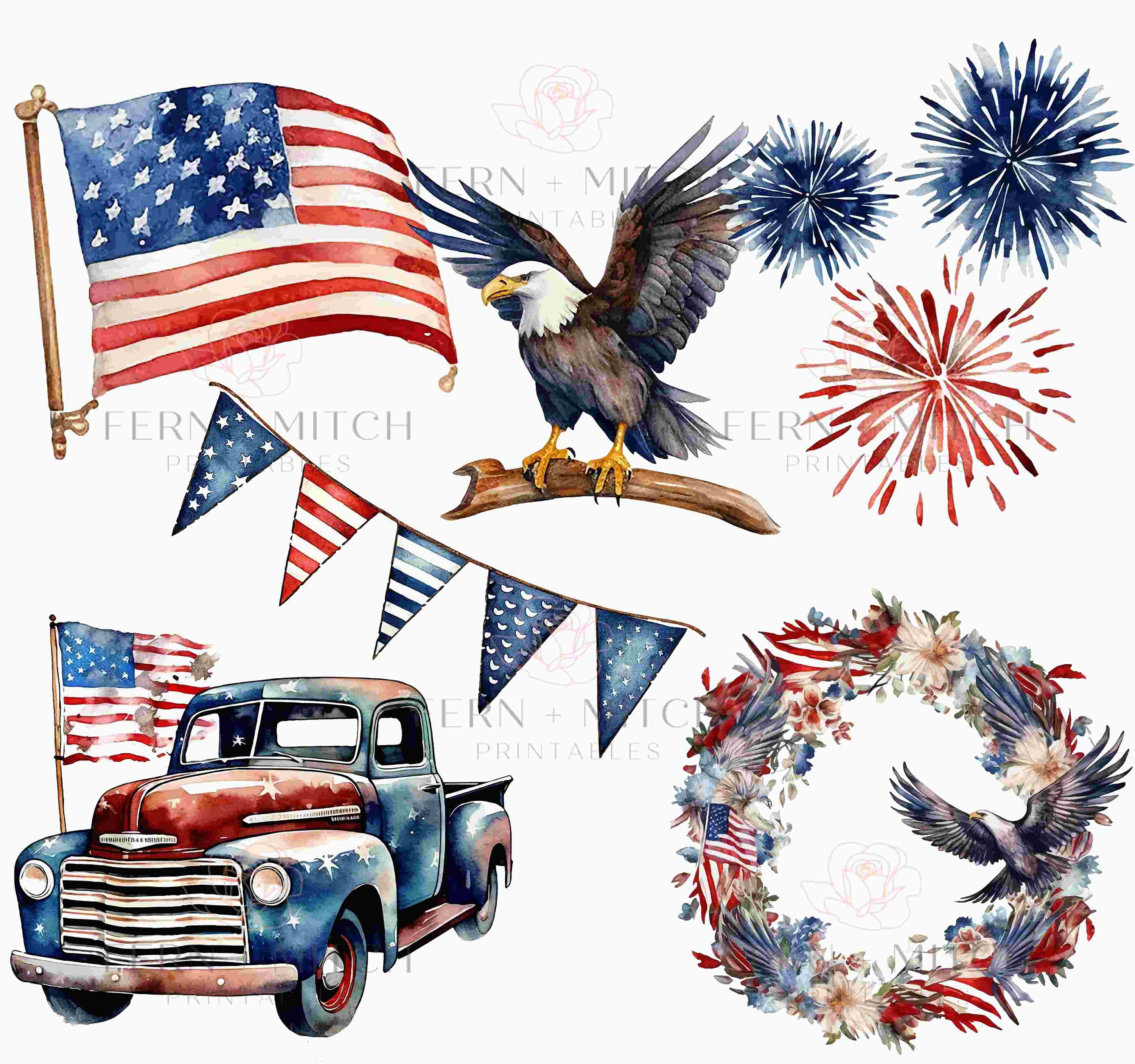 Watercolor 4th of July Clipart,patriotic PNG for Commercial Use POD ...