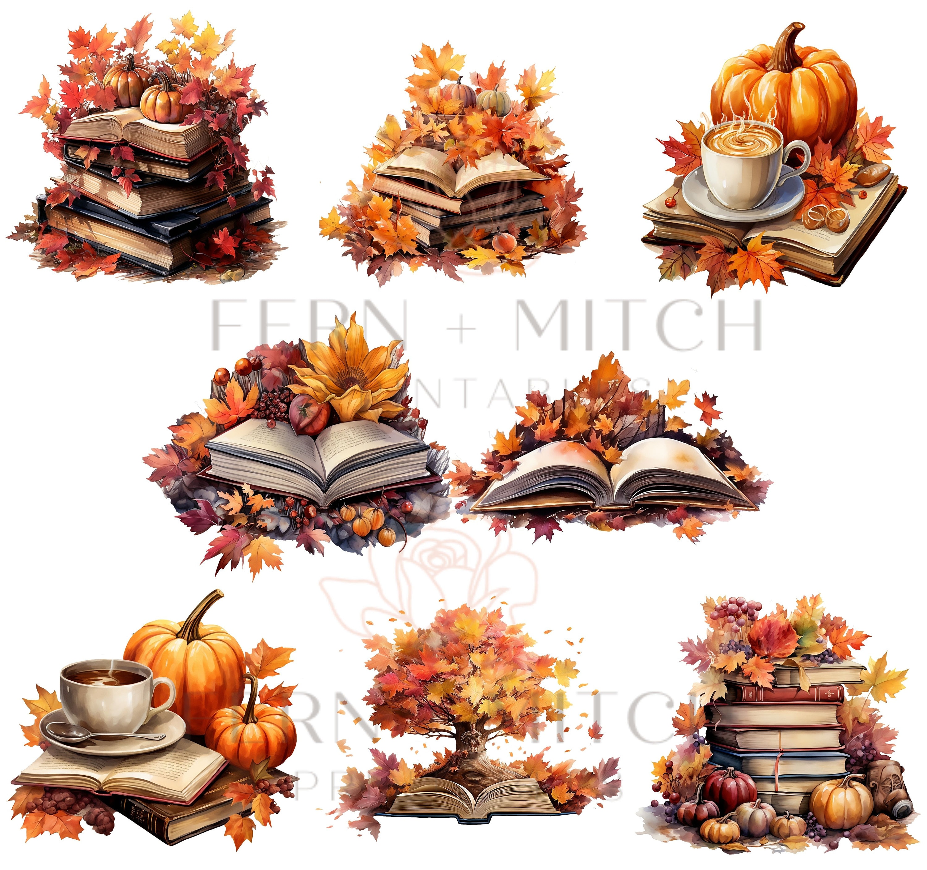 Watercolor Fall Clipart for Book Lover, Bookaholic PNG for Commercial ...