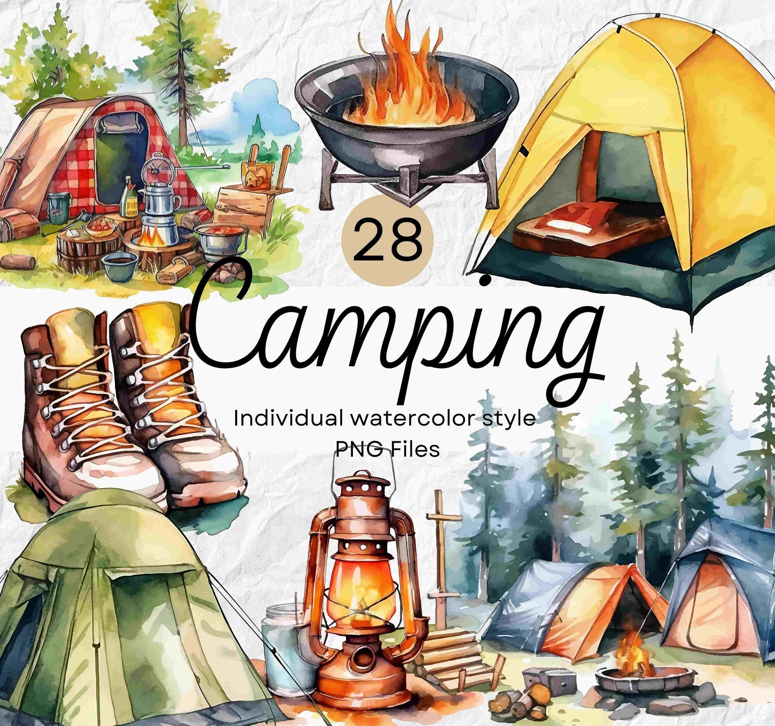 Camping Watercolor Clipart, Outdoor Activities PNG for Commercial Use ...